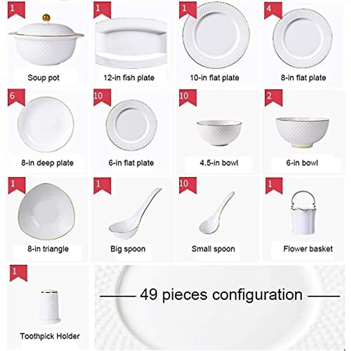 GagalU Plate Set –Ceramics Dinner Sets Ceramics Dinnerware Set,Bowl/Dish/Soup Pot/Spoon|Dinner Sets,White Embossed Gold Rim Pattern Porcelain Combination Set,49pieces