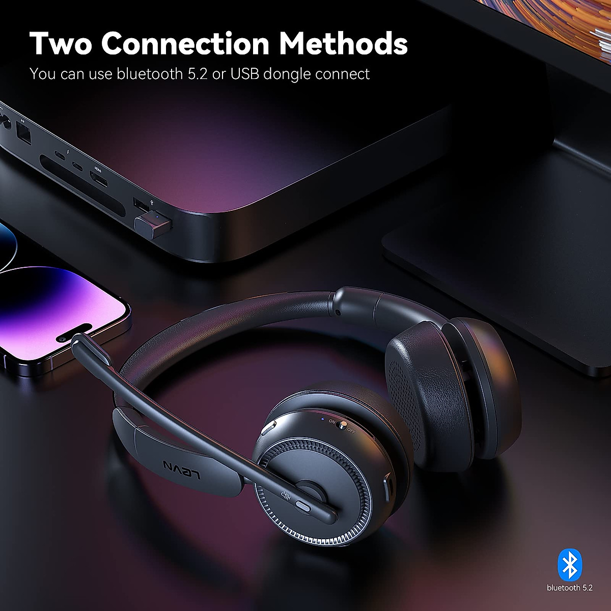 LEVN Wireless Headset, Bluetooth Headset with Noise Canceling Microphone & Charging Base, 65 Hrs Working Time 2.4G Headset with Microphone for PC/Laptop/Computer/Remote Work/Call Center/Zoom