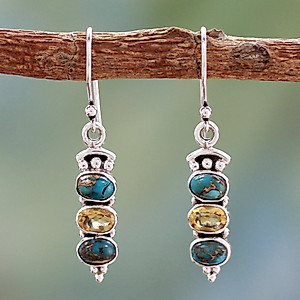 NOVICA Artisan Handcrafted Citrine Dangle Earrings | Turquoise Sterling Silver Earrings | Natural Stone Dangle Earrings For Women | Genuine Turquoise Dangle Earrings | French Wire Dangle Earrings