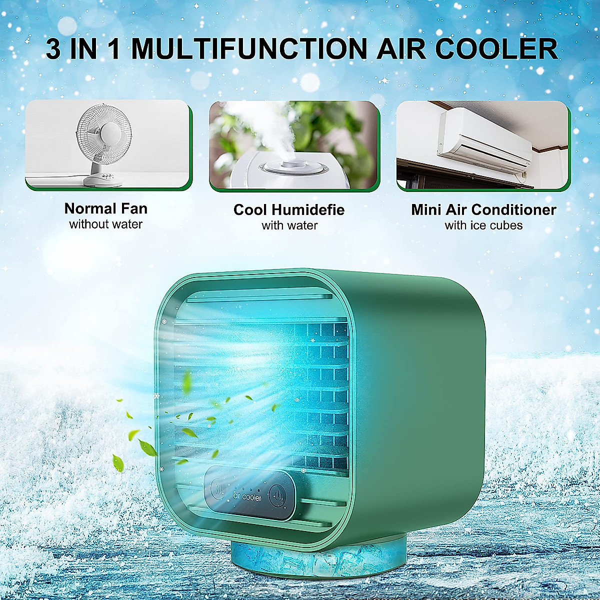 Personal Air Conditioner, Mini AC Portable Air Conditioner Rechargeable 2000mAh Evaporative Cooling Fan with 3 Speeds 100% Leakproof Design for Home Office, Car, Camping Tent