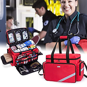 Trunab First Aid Bag Empty, Professional Medical Bag Emergency Responder Trauma Bag with Inner Dividers and Anti-Slip Bottom, Ideal for EMT, EMS, Paramedics, Red - Patented Design, Bag Only