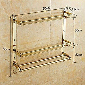 SilteD Gold-Plated 2-Layer Towel Rack with Double Rods Hooks, 600 * 120 * 560 Mm Bathroom Storage Rack Towel Rail,Families Schools Hotels
