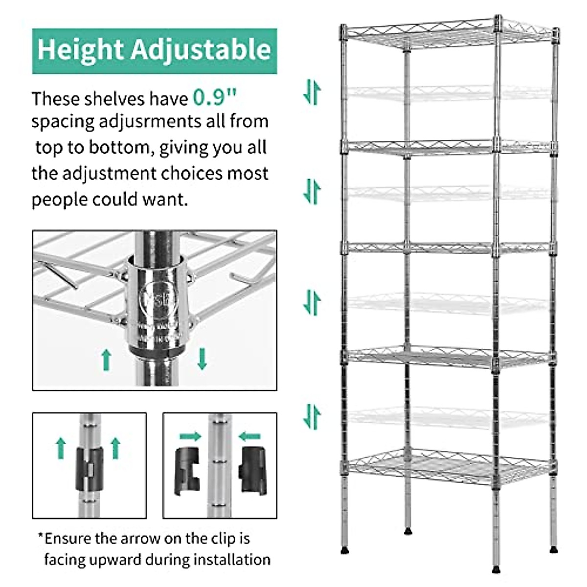 XXkseh 5 Tier Storage Shelves Wire Shelving Unit Adjustable Metal Shelf Heavy Duty Garage Storage Rack Wire Shelves Display Rack for Laundry Livingroom Kitchen, 16.7" L×11.8" W×47.6" H, Chrome