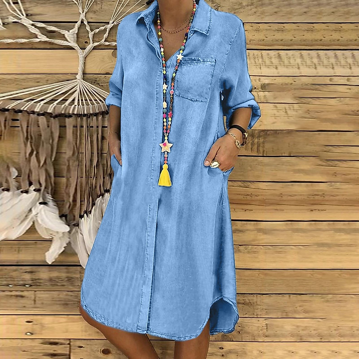 JUXINPIJU Denim Dress for Women with Pockets Short Sleeve Loose Babydoll Denim Shirt Dresses for Women