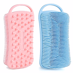 Silicone Body Scrubber Loofah, 2 in 1 Shower Scrubber for Body, Soft Silicone Loofah for Sensitive Women Men All Kinds of Skin, Scalp Massager Shampoo Brush, Exfoliating Bath Brush (2PC, Blue&Pink)