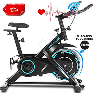 ANCHEER Exercise Bike, Indoor Cycling Bike Stationary with Heart Rate Monitor & LCD Monitor, Comfortable Seat Cushion, 40LBS Heavy Flywheel, Multi - Grips Handlebar (Black)