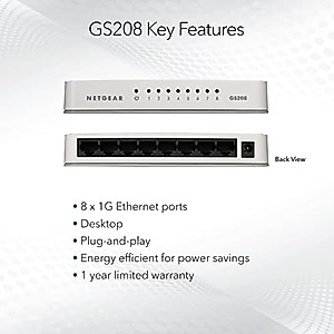 NETGEAR 8-Port Gigabit Ethernet Unmanaged Switch (GS208) - Desktop, Ethernet Splitter, Silent Operation, Plug-and-Play