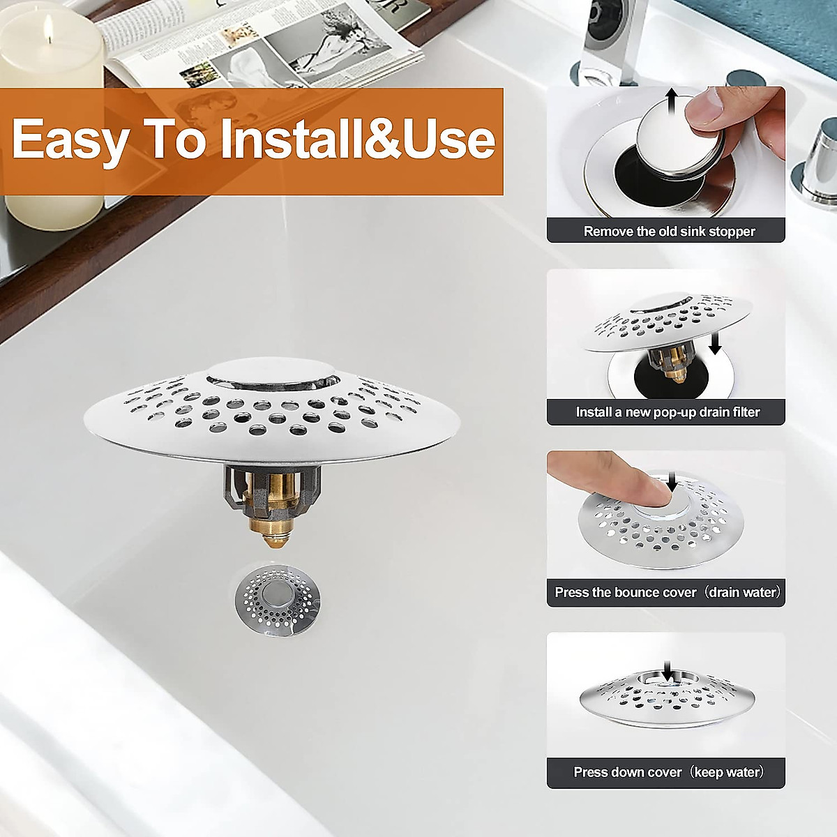 Haftaby Universal Bathtub Stopper with Drain Hair Catcher/Upgraded Bathroom Shower Drain Hair Trap/Pop-Up Drain Filter for 1.3-1.6 Inch