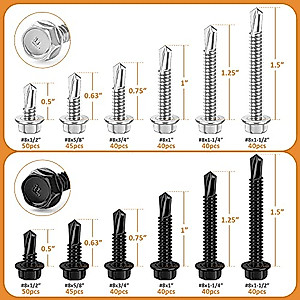 VIGRUE 410 Stainless Steel 360 Pieces Self Tapping TEK Screw Assortment, #8 Hex Washer Head Self Drilling Screws Full Thread Sheet Screw Kit for Metal