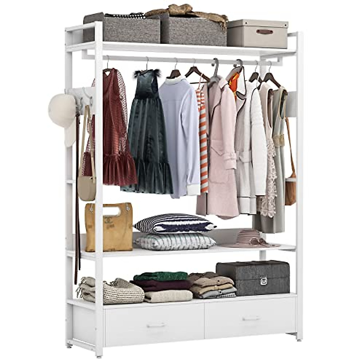 Tribesigns Freestanding Clothes Rack Shelves, Closet Organizer with Shelves Drawers and Hooks, Heavy Duty Garment Clothing Wardrobe Storage Shelving with Hanging Rod (White)