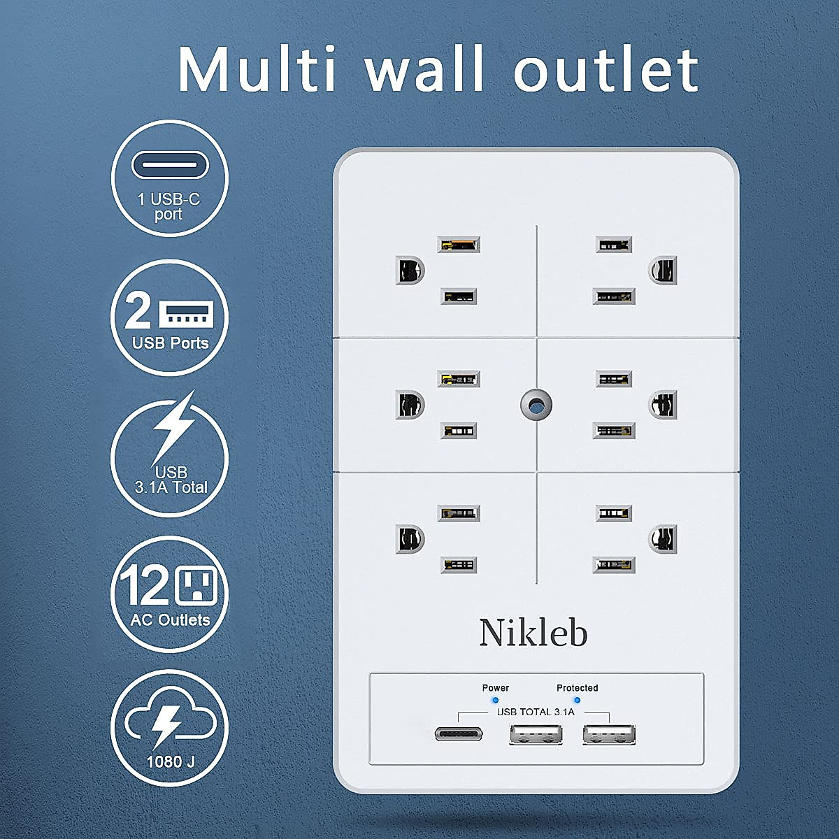 Outlet Extender Surge Protector Nikleb, Multi Plug Outlet with USB Ports Total 3.1A, USB Wall Charger Multiports with C Adapter, USB&Outlet Splitter Heavy Duty, Wall Plug Extender for Gaming Stuff