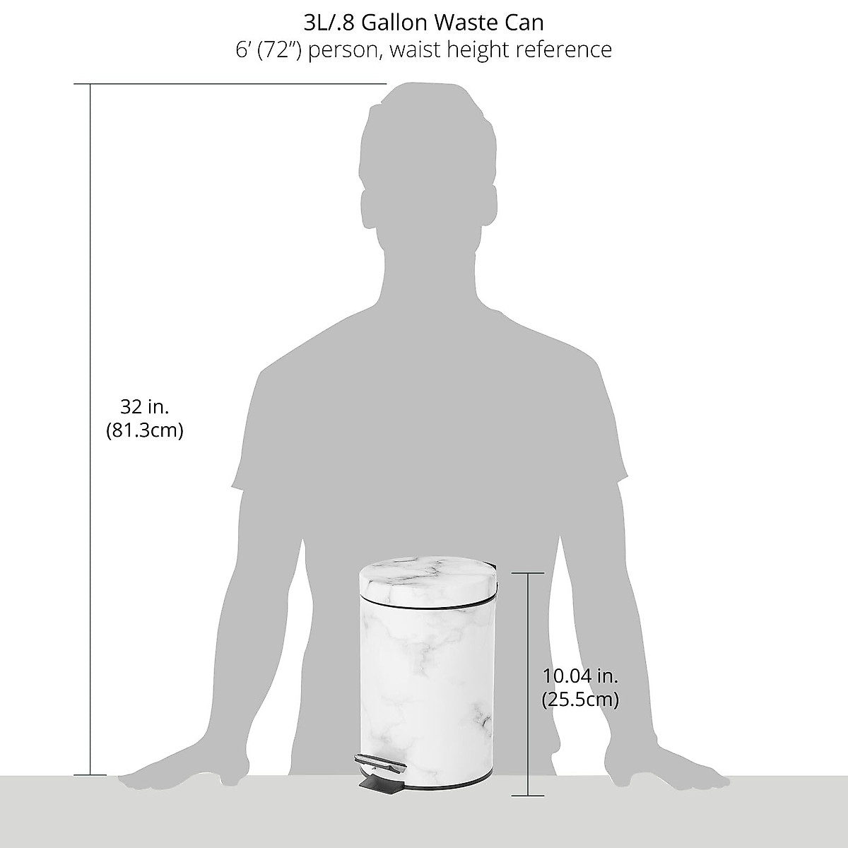 mDesign Extra Small Modern 3-Liter/.7 Gallon Round Metal Lidded Step Trash Can, Compact Garbage Bin with Removable Liner Bucket and Handle for Bathroom, Kitchen, Office, Garage - White Marble Print