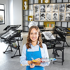 Drawing Table Drafting Desk, Glass Drafting Table Art Desk, Height Adjustable Drawing Desk Art/Craft Desk Paintings Work Station W/ 2 Storage Drawers and Stool for Craft Station Studio Home Office Sch