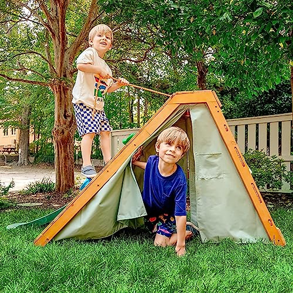 Avenlur Palm Outdoor and Indoor Playground 5 in 1 Backyard Playset with Ladder, Rock Wall, 4 ft. Slide, Tent Fort, Montessori Style Play Set Climber Playhouse Toddlers, Children, Kids 2-8yr (Green)