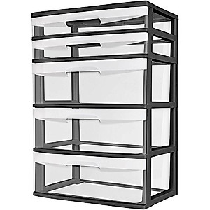Sterilite 5 Drawer Wide Tower Black Frame Storage Organizer Cabinet Furniture Pack New Dorm Organization Garage Bedroom Room Clear Drawers Heavy-duty Plastic Storage Drawers