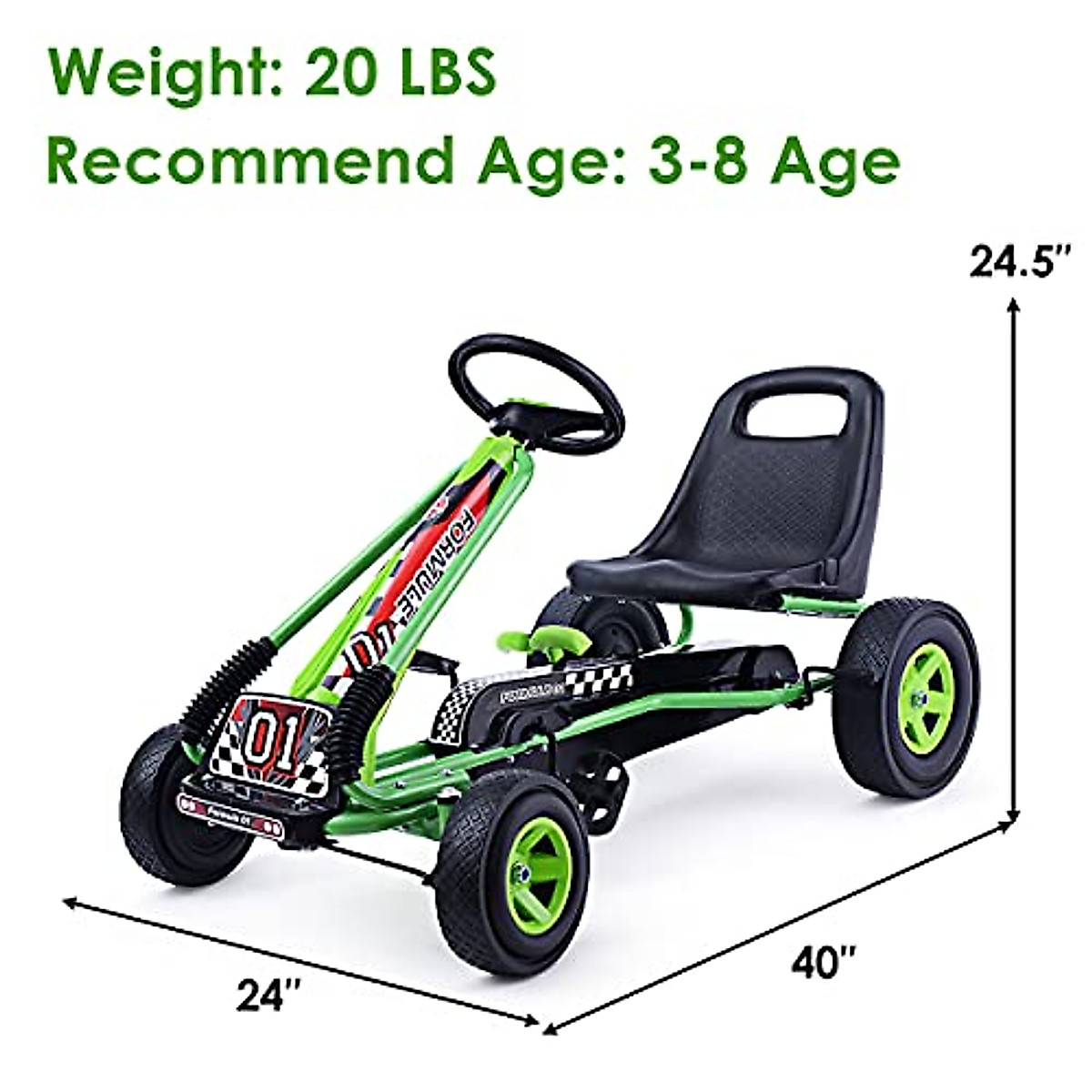 Costzon Go Kart for Kids, 4 Wheel Off-Road Pedal Go Cart w/Adjustable Seat, Steering Wheel, 2 Safety Brakes, EVA Rubber Tires, Ride-On Toys for Boys & Girls, Outdoor Racer Ride On Pedal Car (Green)