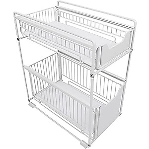 LIFOND Under Sink Storage Under Sink Organizers and Storage, 2 Tier Sliding Cabinet Basket Organizer Drawer, for Kitchen Bathroom Office Countertop Stackable Storage Basket White-Small, White S