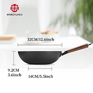 WANGYUANJI Iron Wok 12.6 inches,Wooden Handle Chinese Iron Pot Carbon Steel Wok Non-Coated Stir Fry Pan,Suitable for Home Cooking, Compatible with Induction, Gas, and Electric Ceramic Cooktops