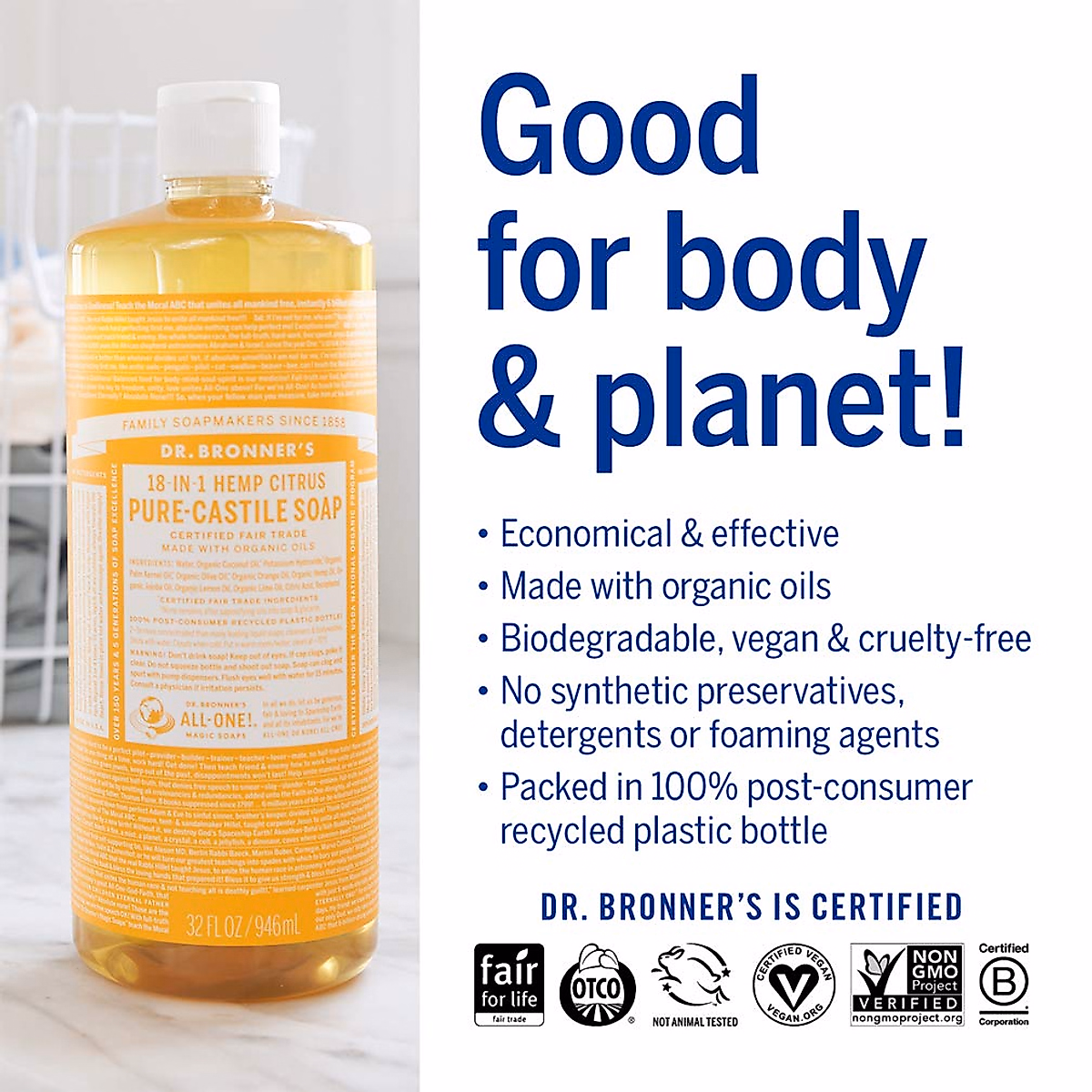 Dr. Bronner's - Pure-Castile Liquid Soap (Citrus, 32 ounce) - Made with Organic Oils, 18-in-1 Uses: Face, Body, Hair, Laundry, Pets and Dishes, Concentrated, Vegan, Non-GMO