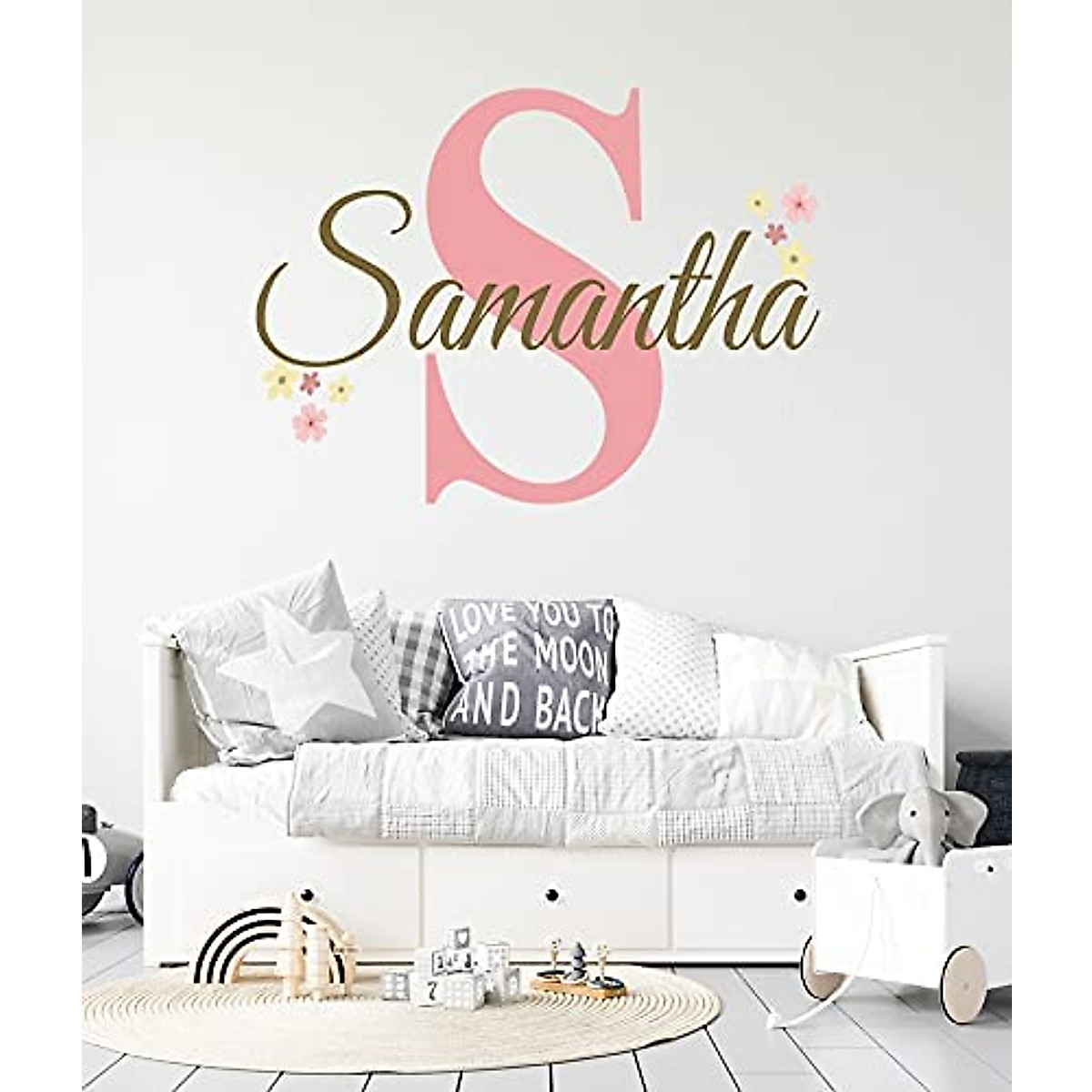 CuteDecals Custom Name and Initial with Flowers Wall Decal - Personalized & Art Mural Girls Decor Stickers for Nursery Bedroom Decoration (Mini Wide 16 inchx10 inch Height)