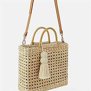 QZUnique Women's Summer Straw Shoulder Bag Lining Handbag Tassel Wooden Handles Handwoven Crossbody Hobo Bag Purse