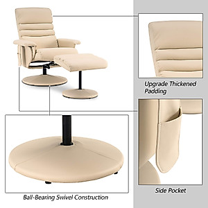 MCombo Recliner with Ottoman, Reclining Chair with Massage, 360 Swivel Living Room Chair Faux Leather 7902 (Cream White)