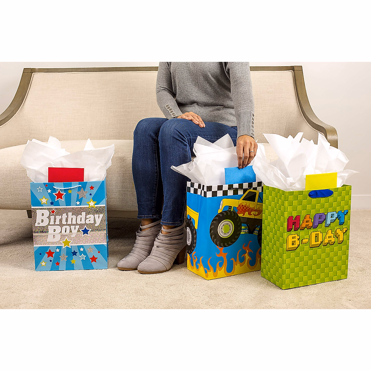 Hallmark 13" Large Birthday Gift Bag Bundle with Tissue Paper (Pack of 3: Monster Truck, Happy B-Day, Birthday Boy)