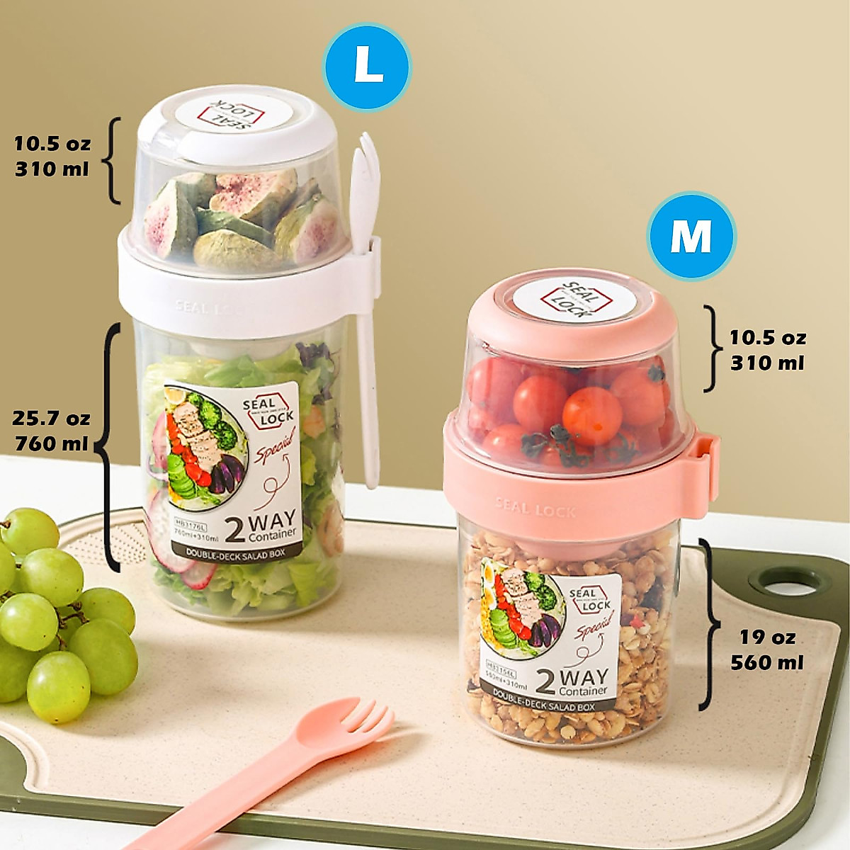 daasigwaa Breakfast On The Go Cups, Salad Cup To Go, Take And Go Yogurt Cereal Overnight Oats Snack Parfait Containers & Salad Dressing Holder With Fork For Lunch, Fruit & Vegetable Jar(Green,36.2oz)