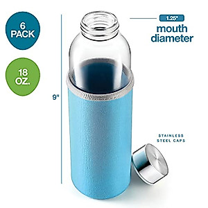 glass bottles 6 Pack 18oz - Includes 6 Sleeves (COLORS MAY VARY) - glass drinking bottles for Beverage and Juice - water bottle glass with stainless Steel Caps with - Leak-Proof Lid