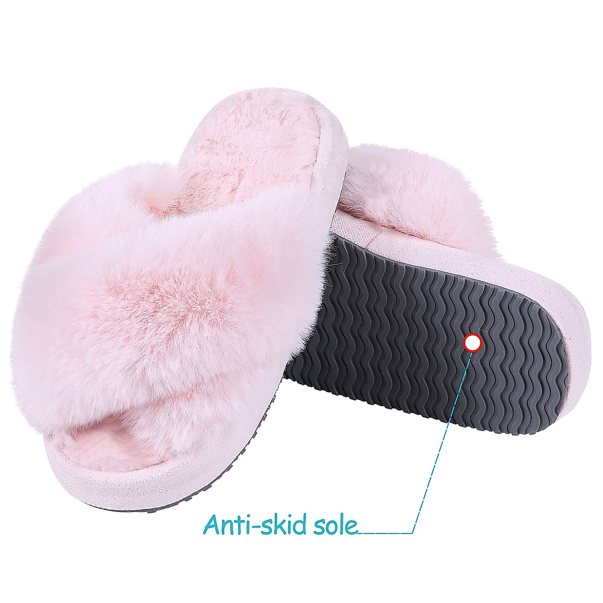 Girl's Soft Plush Lightweight House Slippers Non Slip Cross Band Slip on Open Toe Cozy Indoor Outdoor Slippers PK33 Pink