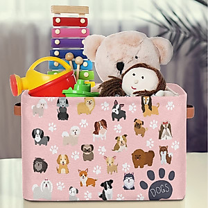 Storage Baskets with Handles, Cute Dogs Pink Storage Cube Rectangular Fabric Collapsible Toy Storage Bin Organizer for Closet Shelf Laundry Nursery Kids Bedroom, 15x11x9.5 In