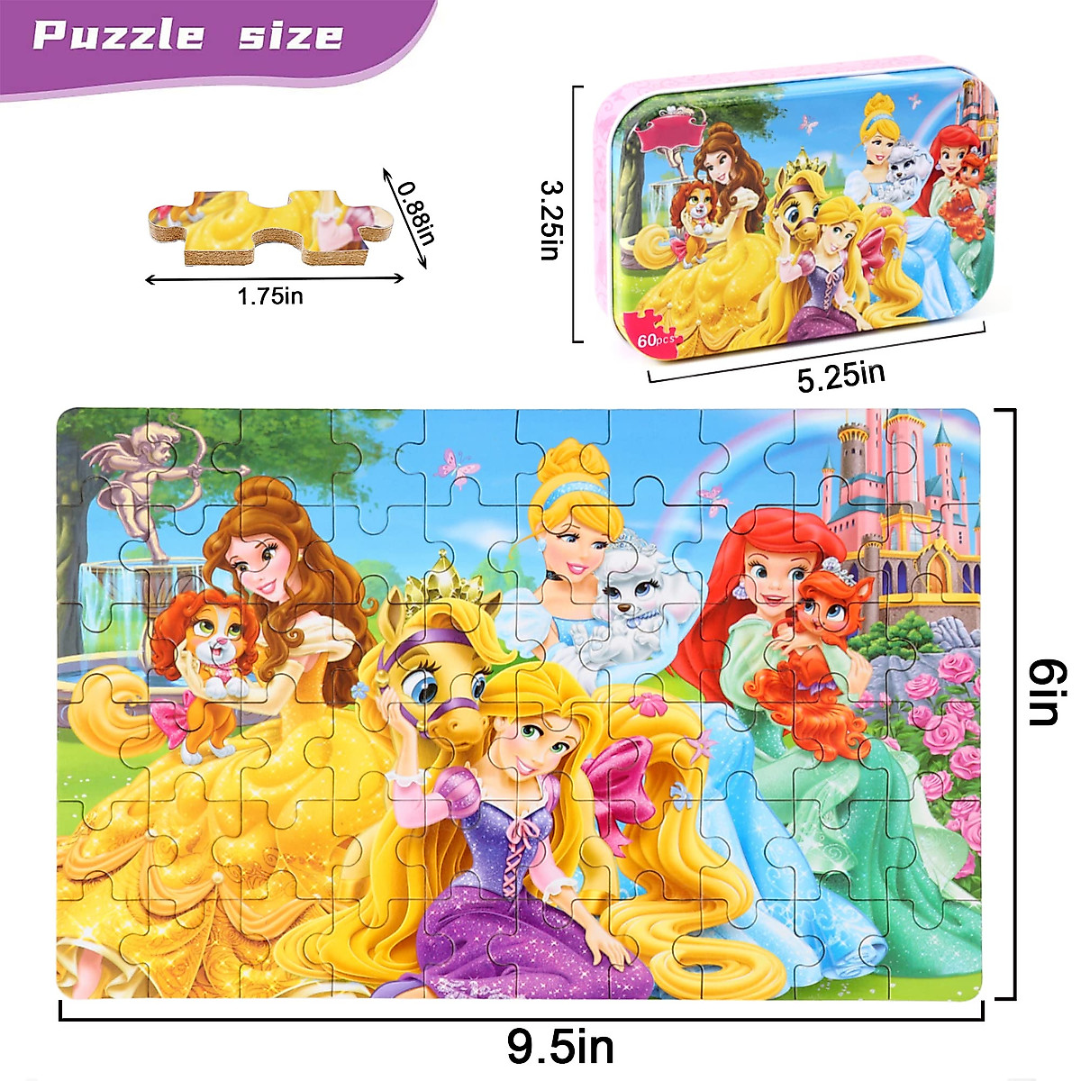 MZZOTOY Princess Puzzles for Kids Ages 4-8, 60 Pieces Puzzles for Kids Ages 3-5 Princess Puzzle for Girls and Boys Toys Jigsaw Puzzles in a Metal Box Educational Puzzles (Princess)