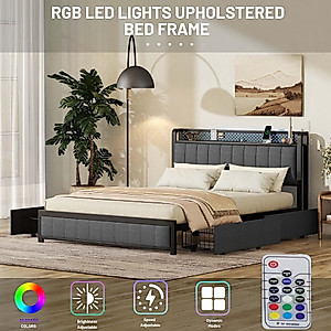 Queen Bed Frame with 4 storage drawers and LED light, LED Bed Frame Queen Size with Shelf Storage Headboard, Upholstered Platform Bed with LED Lights, Solid Wood Slats, Stable Structure (Dark Grey)