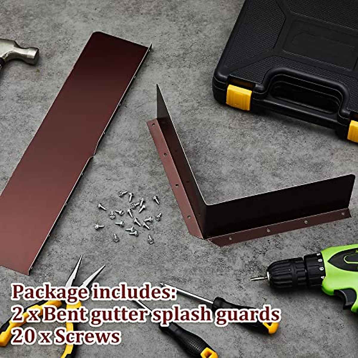 2 Pcs Gutter Valley Splash Guards 15.75 x 3.54 x 0.59 Inches Downspout Diverter Roof Rain Diverter with 20 Pcs Matching Gutter Screws Foldable Rain Gutter Guards for Corner House, Bent Style (Brown)