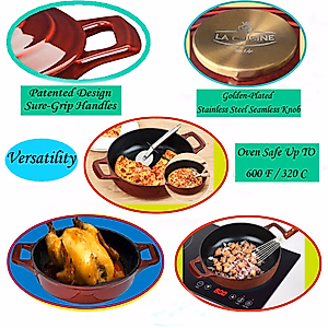 La Cuisine Enameled Cast Iron Braiser Braising Saute Pan Shallow Dutch Oven Casserole with Lid, 3.7 QT 11" Dia. Matte Black enamel coating Interior, Cranberry Enamel Finish Exterior, Gold-Plated SS Handle Lid, Oven-Safe up to 500° F