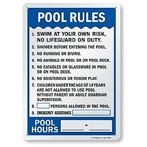 SmartSign 14 x 10 inch “Pool Rules - Swim At Your Own Risk, Shower Before Entering, Emergency Assistance, Pool Hours” Write-On Metal Sign, 40 mil Laminated Rustproof Aluminum, Blue, Black and White
