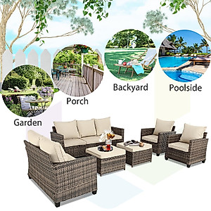 Furnivilla 6 Piece Patio Furniture Set Outdoor Patio Furniture Wicker Patio Set All Weather Wicker Rattan Patio Set Outdoor Sectional for Porch,Garden,Backyard (Brown-Grey)