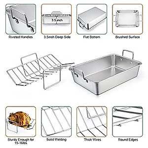 TeamFar Roasting Pan with Rack, 14 Inch Stainless Steel Turkey Roaster Lasagna Pan with V-Shaped Rack & Cooling Rack, Healthy & Durable, Brushed Surface & Dishwasher Safe, Rectangular - Set of 3