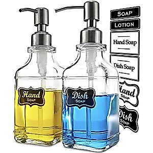 JASAI 2Pack Antique Design Glass Soap Dispenser with Rust Proof 304 Stainless Steel Pump, Refillable Hand Soap Dispenser with 10Pcs Stickers, Premium Soap Dispenser for Kitchen & Bathroom (Clear)