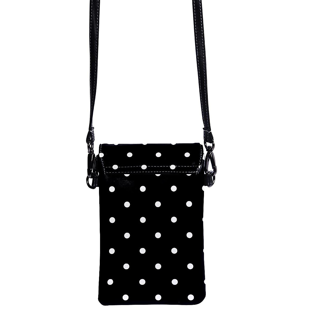 Little White Polka Dots On Black Small Crossbody Bag for Women Girls, Genuine Leather Cell Phone Purse Wallet Bag, Mini Shoulder Bag