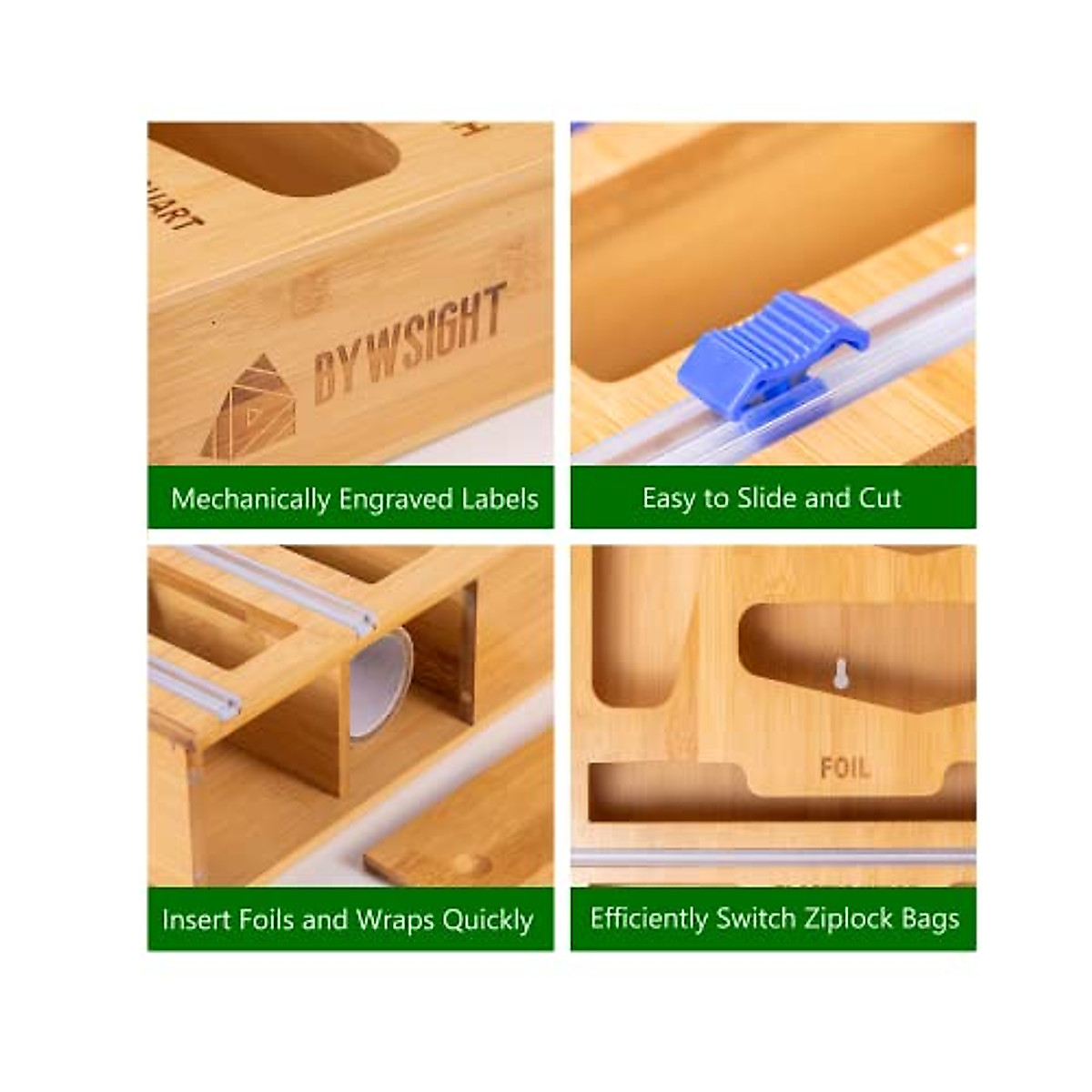 Ziplock Bag Organizer - 6 in 1 Wrap Dispenser with Cutter and Labels, Bamboo Reusable Baggies Dispenser Container, Storage Organizer for Kitchen Drawer, Compatible with Gallon, Quart, Sandwich & Snack