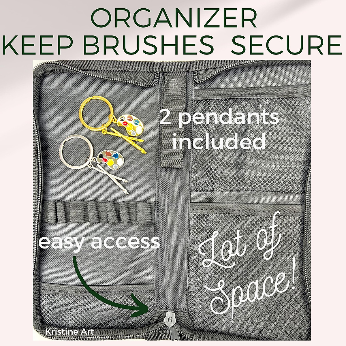 Kristine Art Paint Brush Holder from Black Canva 10.4" X 4.7" X 1.2" Thick with Slots for Paint Brushes and Two Pockets for Art Materials. Well Organized Travel Paint Brush Case for Any Artist