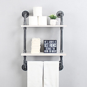 Industrial Pipe Shelf Bathroom Shelves Wall Mounted,19.6in Rustic Wood Shelf with Towel Bar,2 Tier Farmhouse Towel Rack Over Toilet,Pipe Shelving Floating Shelves Towel Holder,Retro White