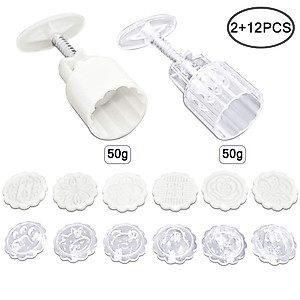 2 Pack Mooncake Mould with 12 Cookie Stamps, FineGood Flower Animal Moon Cake Mold Press 50g Hand Pressure Mooncake DIY Tools for Baking Cookies