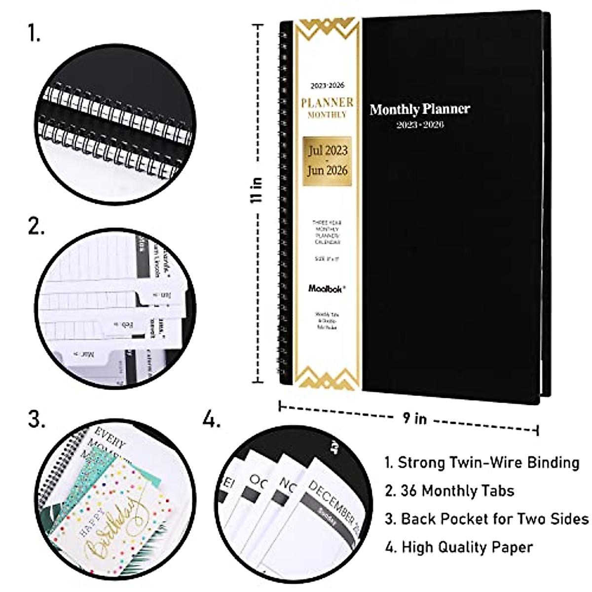 2023-2026 Monthly Planner/Calendar - 3 Year Monthly Planner 2023-2026, July 2023 - June 2026, 9'' x 11'', Calendar Planner with 36 Months Tabs, Double-side Pocket, Holidays, Notes Pages