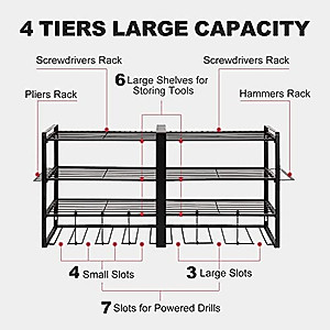 TAKEKIT Power Tool Organizer Wall Mount, 4 Tiers Large Capacity Cordless Tool Organizer, Drill Holder Wall Mount with 7 Slots, Heavy Duty Power Tool Storage Rack