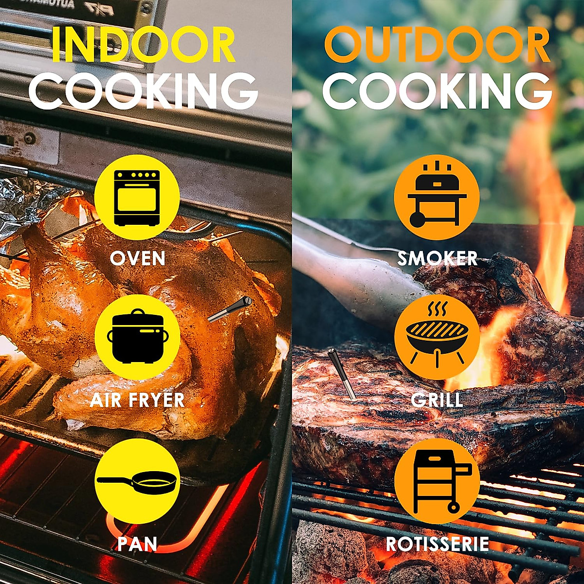 Smart Wireless Meat Thermometer - 500ft Long Range, IPX7 Waterproof Bluetooth 5.3 Digital Kitchen Food Thermometer with APP Control for BBQ, Oven, Grill, Smoker, Rotisserie, Air Fryer