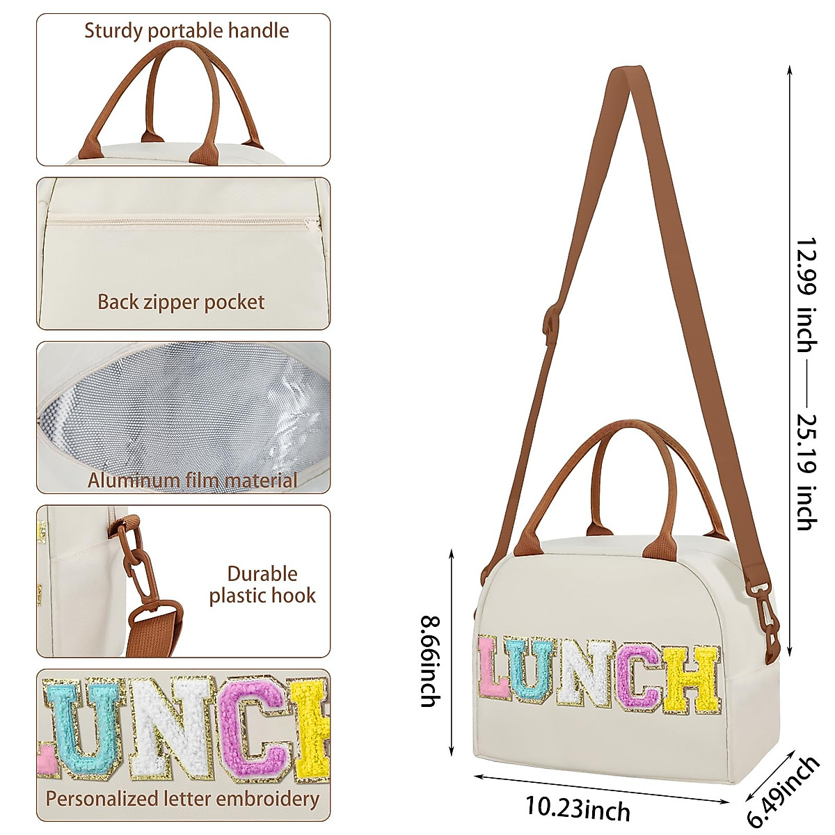Lunch Box for Women, Large Insulated Lunch Bag, Personalized Preppy Lunch Box for Girls Adults with Adjustable Shoulder Straps,Lunch Bag Women with Chenille Letters（Beige-lunch）