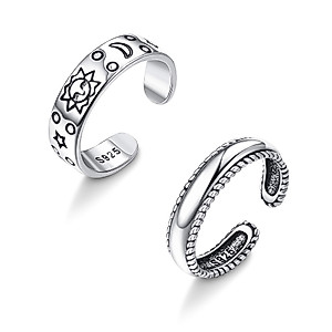 MILACOLATO 2Pcs Sterling Silver Toe Rings for Women 18K White Gold Plated Adjustable Toe Rings Vintage Sun Moon and Star Band Toe Rings Summer Beach Foot Jewelry