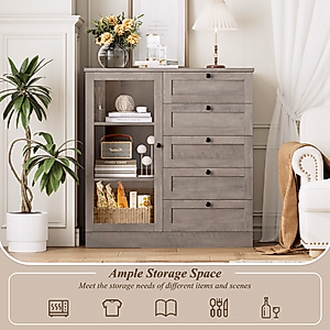 HOSTACK 5 Drawer Dresser with Door, Storage Cabinet with Drawers and Shelves, Wide Wood Dresser, Modern Chest of Drawers Organizers for Living Room, Kitchen, Hallway